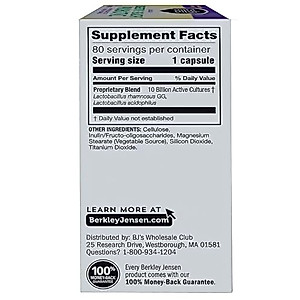 berkley jensen Daily Care Digestive Health Probiotics for Women & Men - Advanced Formula with Lactobacillus Rhamnosus GG & Lactobacillus Acidophilus - for Immune Support & Gut Health - 80 Capsules