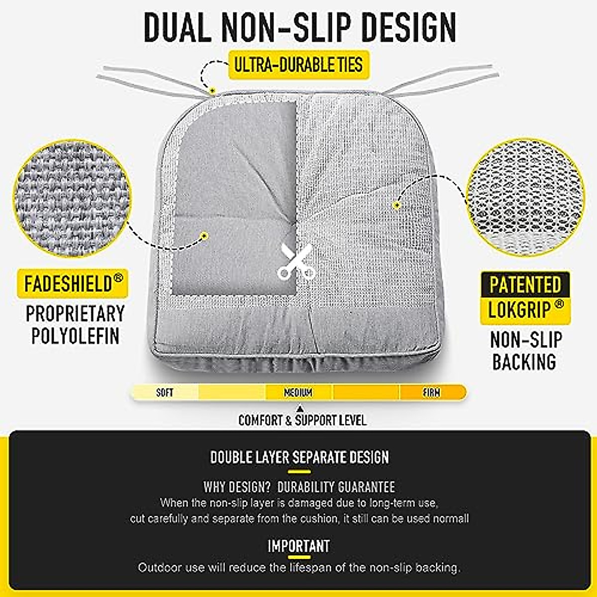 SUNROX Memory Foam Non Slip Rocking Chair Cushion, FadeShield Water Resistant Thicken Durable Tufted Pads, Set of Seat & Back Cushion with Ties for Indoor/Outdoor Rocker, 2 Piece, Heather Grey
