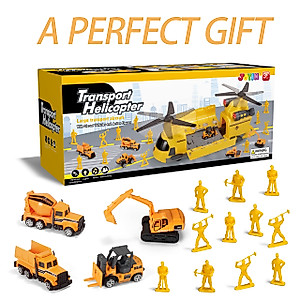 JOYIN Construction Transport Cargo Toy Airplane Car Play Set Including 1 Transport Helicopter with Real Lights, 6 Diecast Vehicles, 12 Action Figures, Birthday Gift for Boys and Girls (Yellow)