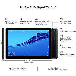 MediaPad T5 Tablet with 10.1" IPS FHD Display, Octa Core, Dual Harman Kardon-Tuned Speakers, 4G LTE, 2GB+16GB, International Version No Warranty (Black)