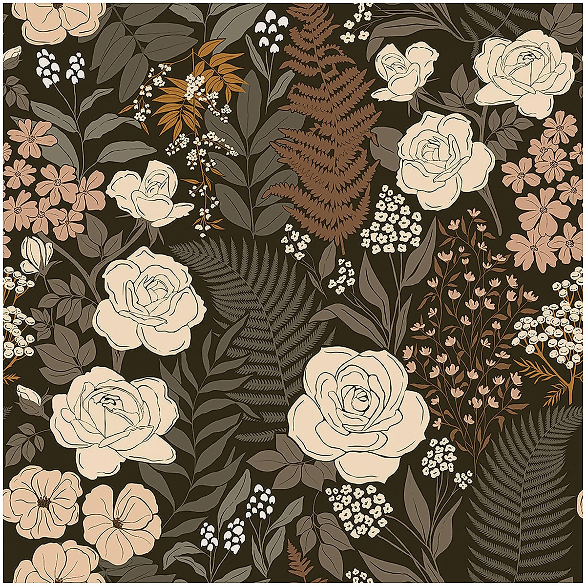 HAOKHOME Peel and Stick Wallpaper Floral Vintage Removable Rose Leaf Black/Brown/Beige Stick on Mural 17.7in x 6.6ft