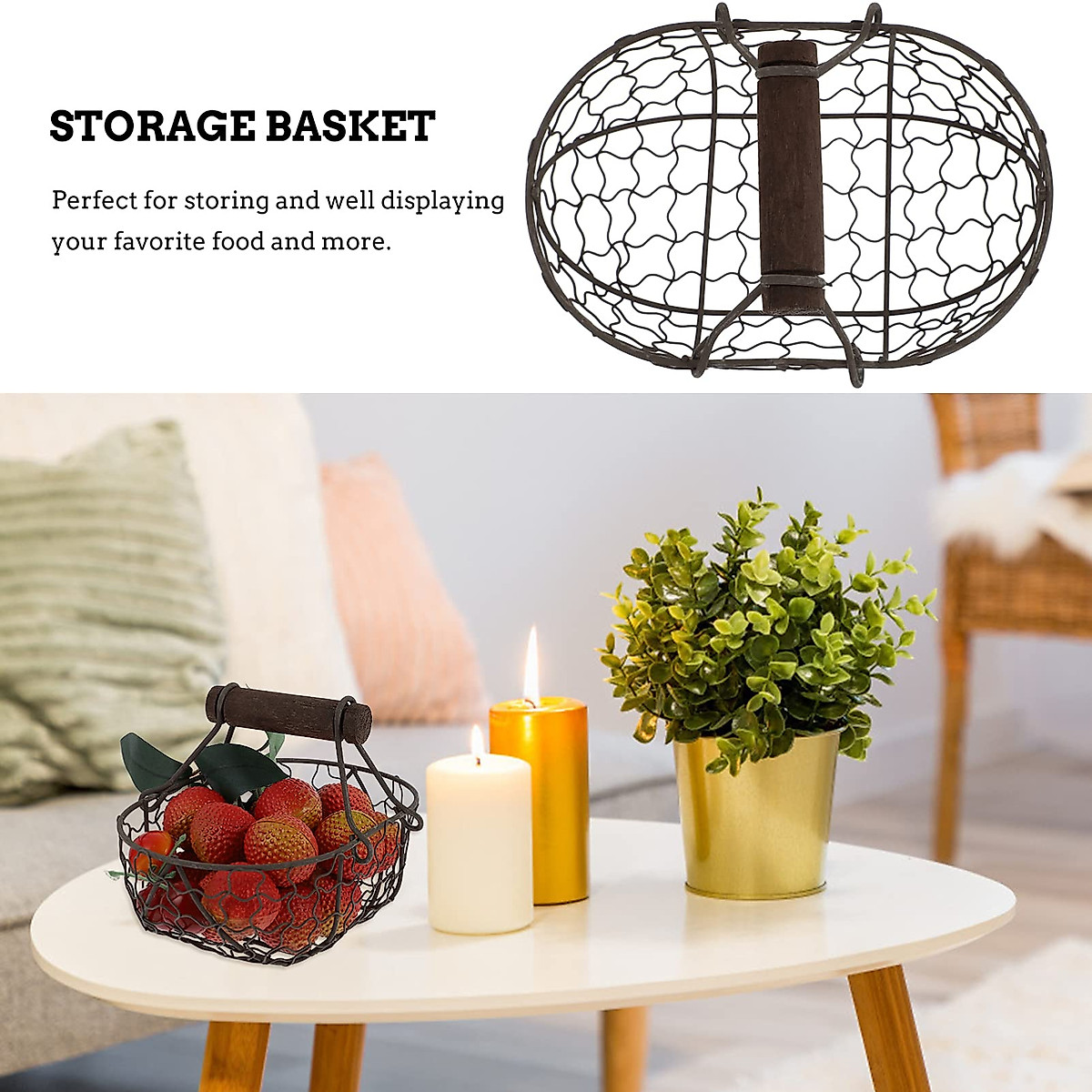 Cabilock Table Tray Country Basket Wire Egg Storage Basket with Handle Iron Art Eggs Tray Eggs Holder Metal Wire Gathering Basket for Kitchen Home Living Room Countertop Storage Baskets Oval Basket