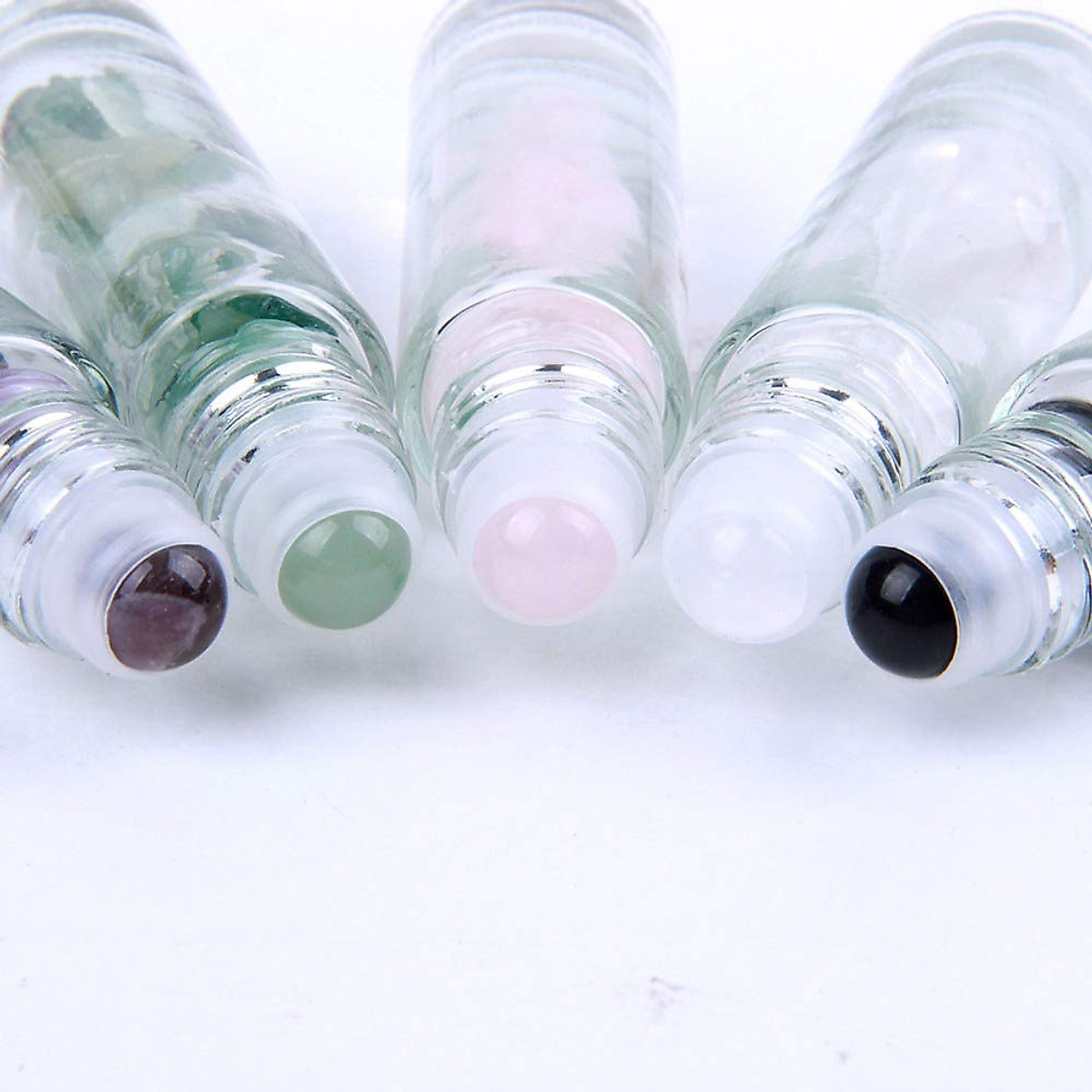 Constore 5 PCS 10ML Gemstone Roller Bottles,Refillable Roll On Bottles with Bamboo Lids Healing Crystal Chips Inside for Perfumes Aromatherapy Oils