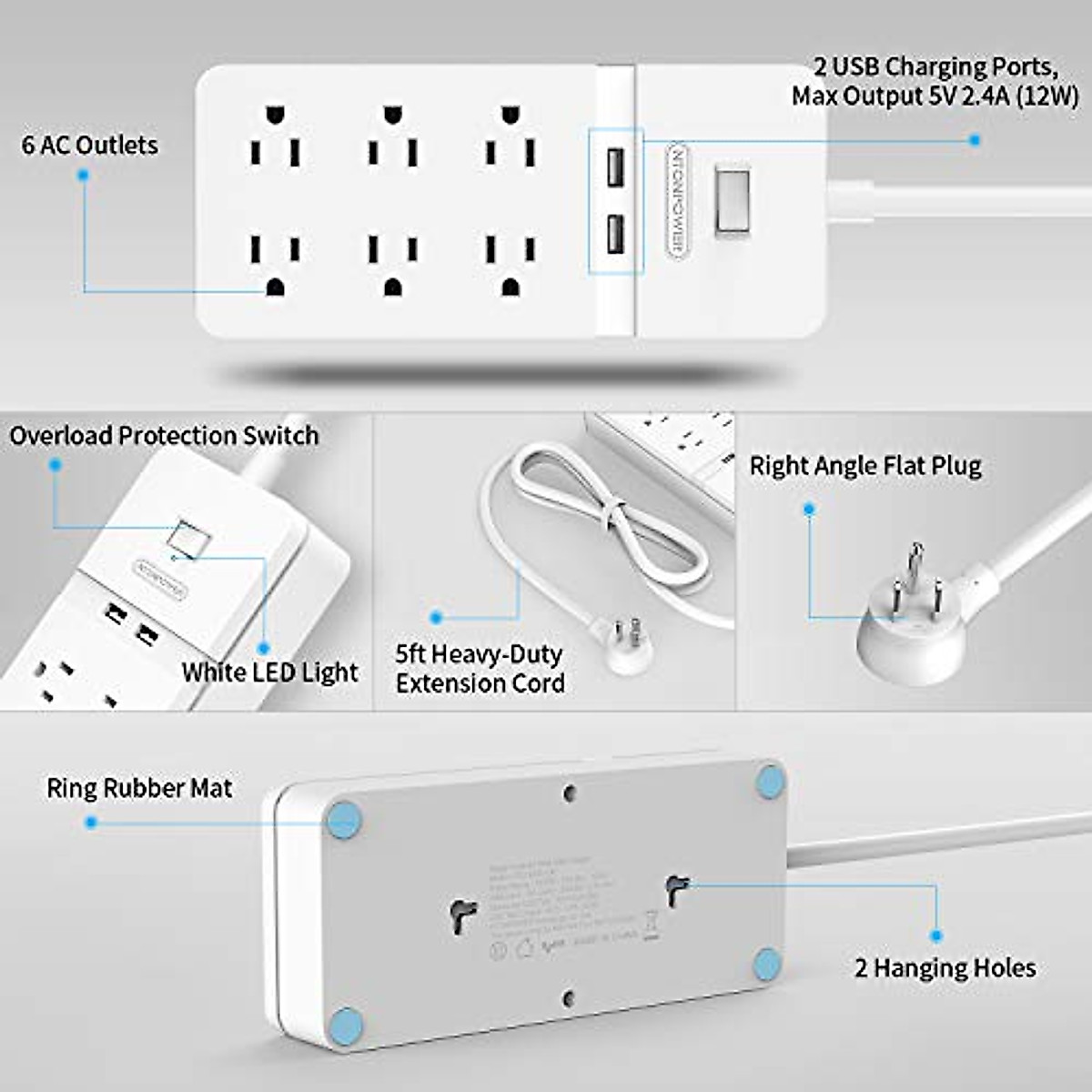 Surge Protector Power Strip with Cable Management Box, 6 Outlets and 2 USB Ports with Switch Control, Flat Plug, 5ft Heavy-Duty Extension Cord, Cord Organizer Box for Home and Office - White