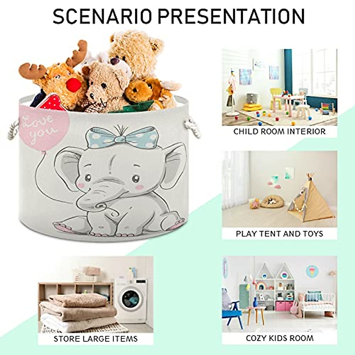 Round Storage Basket 20"x14" Cute Baby Elephant and Balloons Collapsible Storage Organizer Basket with Handles, Fabric Nursery Laundry Basket Large Capacity