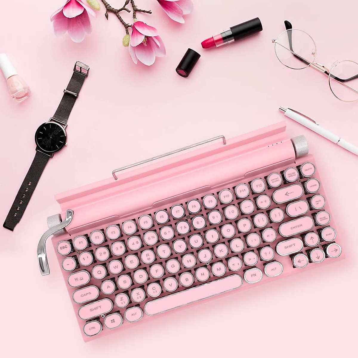 Adventurers Typewriter Keyboard,Bluetooth Wireless Keyboard with 83 Keys Hot Swappable Blue Switch/Round Keycaps/White Backlit/Compact 75% Layout Wired Keyboard for Windows/Mac/PC/Laptop/ipad,Pink