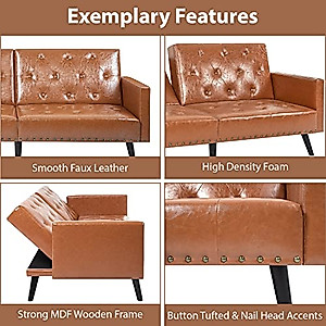Naomi Home Jolene Tufted Split Back Futon, Mid Century Convertible Sofa Bed for Small Rooms, Faux Leather Couch, Perfect for Your Modern Living Room- Caramel, Faux Leather