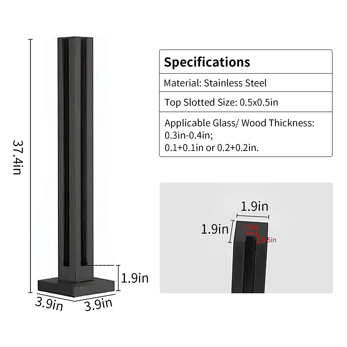 Glass Balustrade Post 37" Corner Post, 304 Stainless Steel Black Glass Railing Post with Spigot Slots & Sturdy Base for Steps, Balcony, Stairway, Deck, Patio Stairs(Cannot Add Handrail Version)