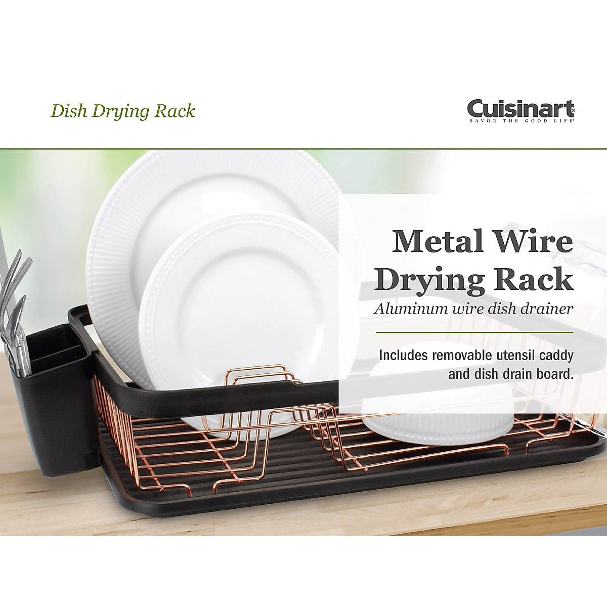 Cuisinart Wire Dish Drying Rack and Tray Set – 3 Piece Set Includes Wire Dish Drying Rack, Utensil Caddy, and Draining Board – Measures 19 x 12.75 x 4.25 Inches – Matte Black/Copper Wire