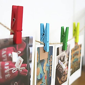 200 Pack Colored Wooden Clothes Pins, 10 Colors Wooden Clothes Pins with 66FT Jute Twine, Rainbow Clips for Photos, Pictures, Clothing Hanging (1.89 in)