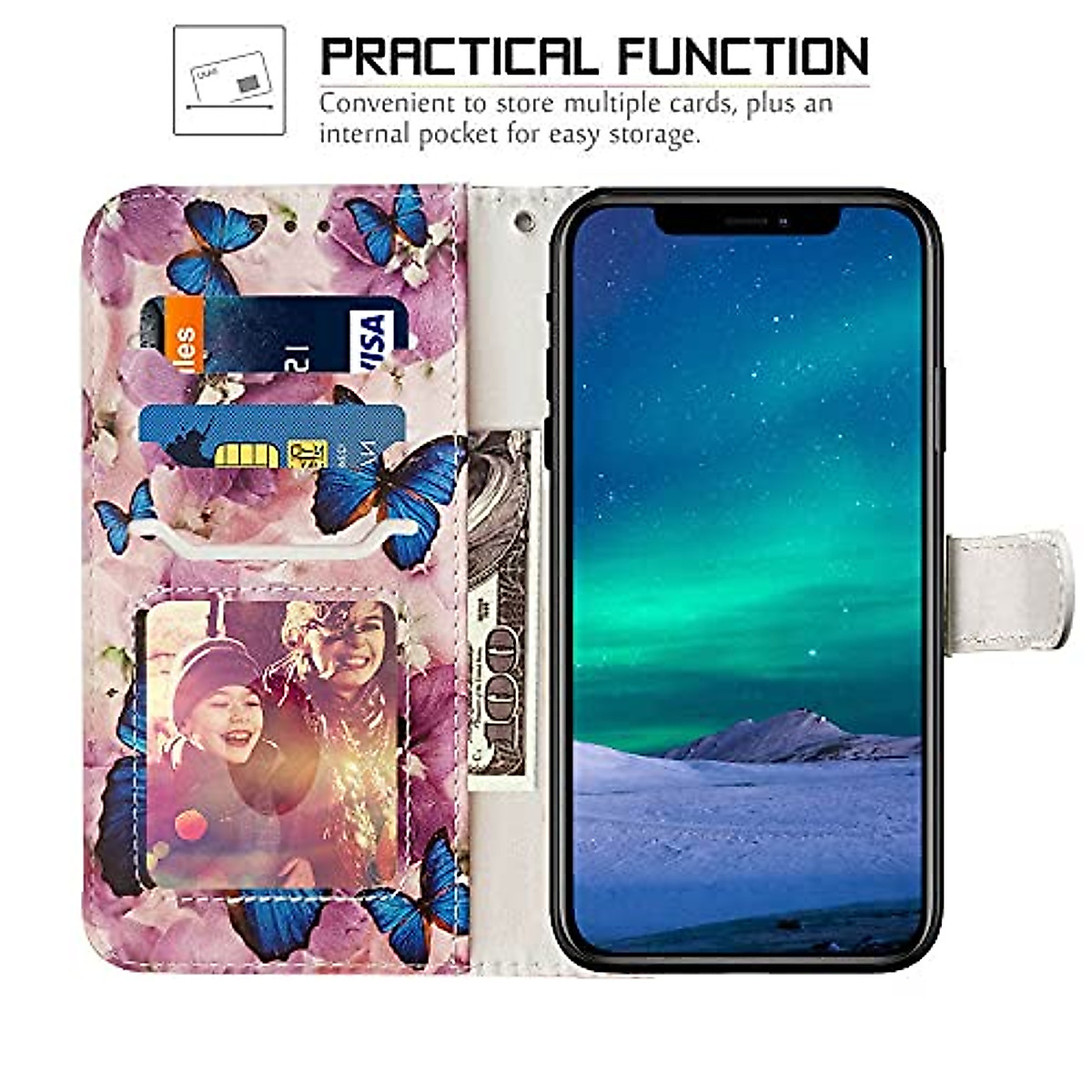 JanCalm Compatible with iPhone 12 Wallet Case/iPhone 12 Pro Wallet Case, Floral Pattern PU Leather [Wrist Strap][Card/Cash Slots] Stand Flip Cover for iPhone 12/12 Pro 6.1 inch (Butterfly/Purple)
