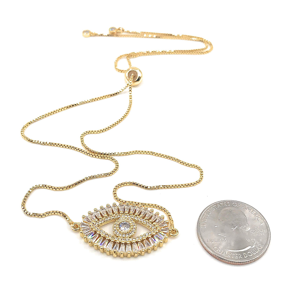 LESLIE BOULES Gold Evil Eye Necklace 18K Gold Plated Sliding Adjustable Chain Choker Jewelry