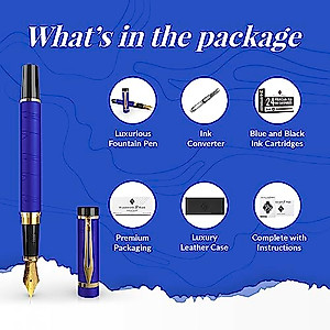 Wordsworth & Black Primori Fountain Pen Set [Blue Gold]; Medium Nib, Gift Case, 24 Ink Cartridges, Refill Converter, Manual; Journaling, Calligraphy, Smooth Writing Pens; Left & Right Handed