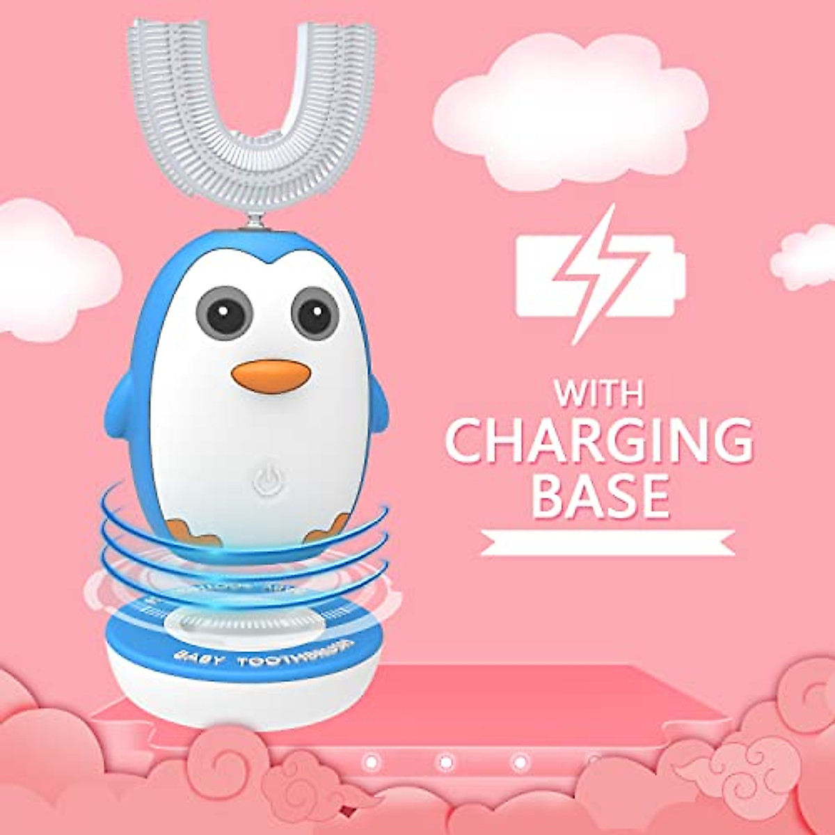 SHNOKER Electric Toothbrush with U-Shaped Toothbrush, with Charging Base Ultrasonic Automatic Toothbrush,IPX7 Waterproof,Three Clearing Modes,Cartoon Modeling Design for Kids (Blue 3-6 Year)