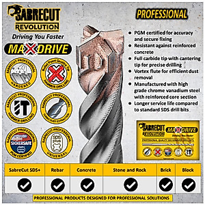 5 x SabreCut QSCK5B 7/32" 15/64" 1/4" 5/16" 25/64" x 6 19/64" Length Quattro PGM Approved Full Carbide 4 Cutter Tip Vortex Flute SDS Plus Drill Bit Mix Kit For Stone Concrete Brick Block