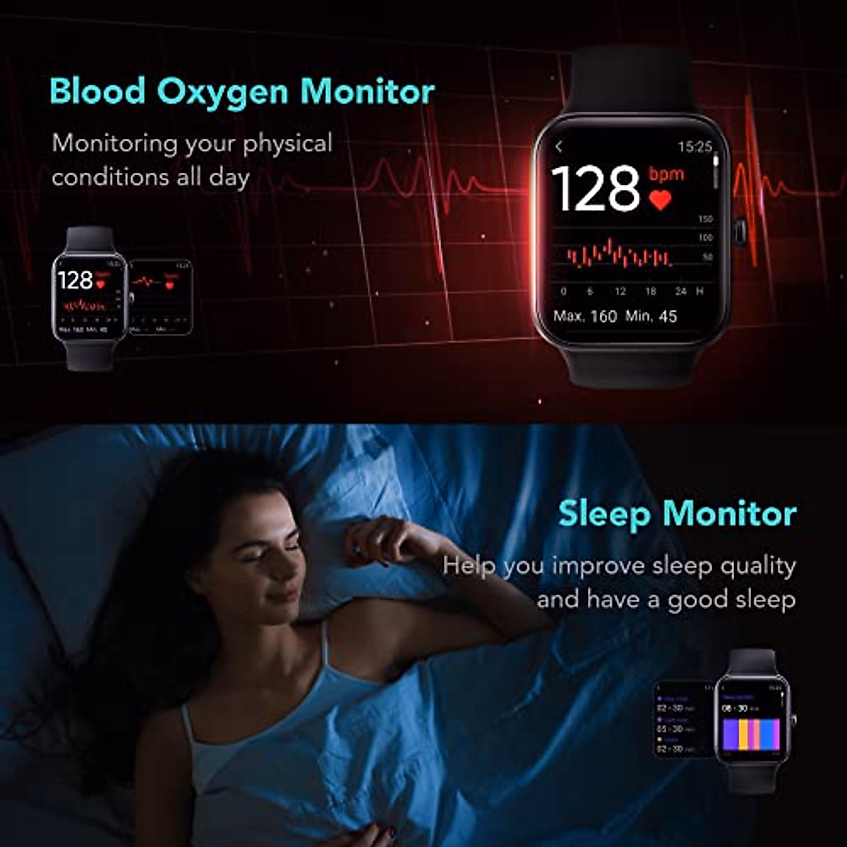 SKG Smart Watch, Fitness Tracker with 5ATM Swimming Waterproof, Health Monitor for Heart Rate, Blood Oxygen, Sleep, 1.7'' Touch Screen Bluetooth Smartwatch Fitness Watch for Android-iPhone iOS, V7