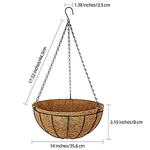 ZeeDix 2Packs 14in Metal Hanging Planter Basket with Coconut Coir Liner- Coconut Coir Liner with Black Chain for Porch Pots Hanger, Indoor Outdoor Plant Flower Pot, Garden Decorations