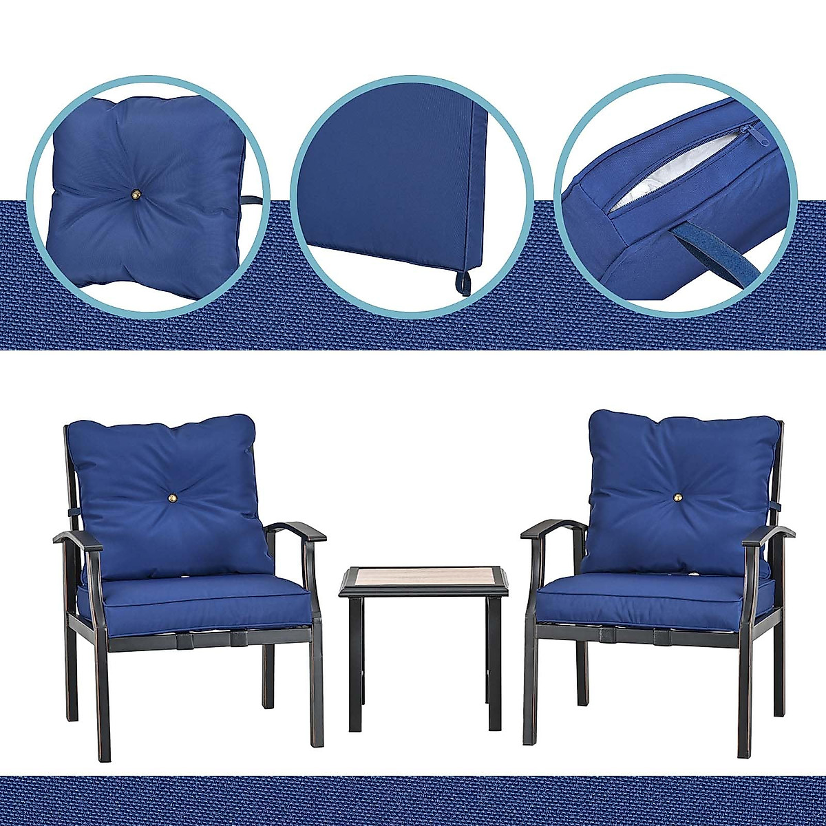 PatioFestival 3 Pieces Patio Bistro Set Outdoor Furniture Set with Coffee Table Patio Single Chairs with Cushion,for Poolside, Garden, Balcony(Bule)