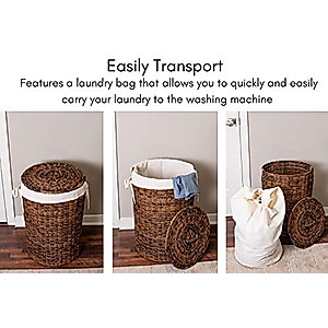 BirdRock Home Abaca Laundry Hamper with Liner - Round Clothes Bin with Lid - Organize Laundry - Cut-Out Handles for Easy Transport - Includes Machine Washable Canvas Liner (Espresso)
