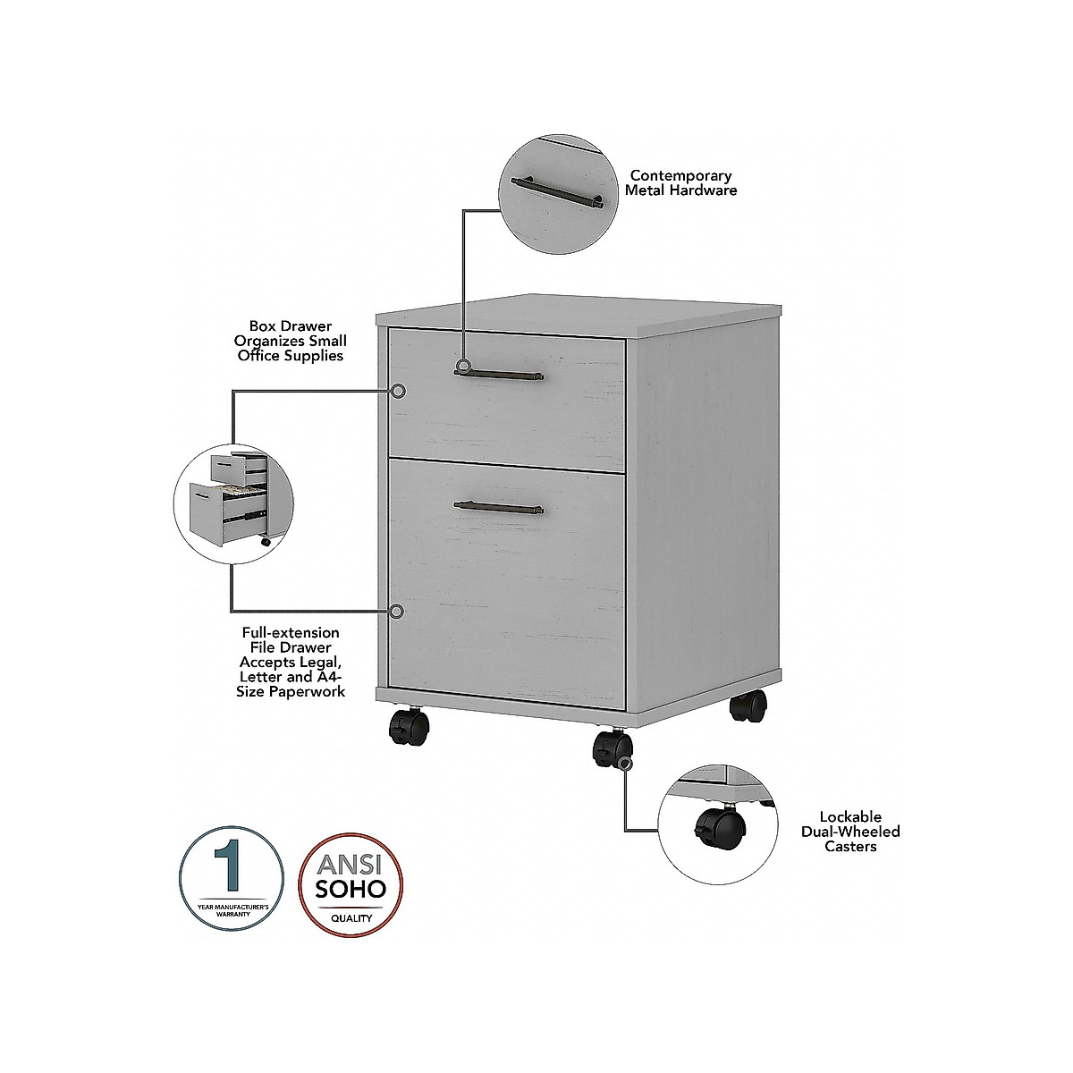 Bush Furniture Key West 60W L Shaped Desk with 2 Drawer Mobile File Cabinet in Cape Cod Gray