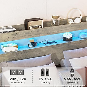 Grey Full Size Bed Frame with 2-Tier Wooden Storage Headboard and Charging Station Modern Upholstered Platform Full Bed Frame with RGB LED Lights Metal Support,No Box Spring Needed,Noise Free,Gray