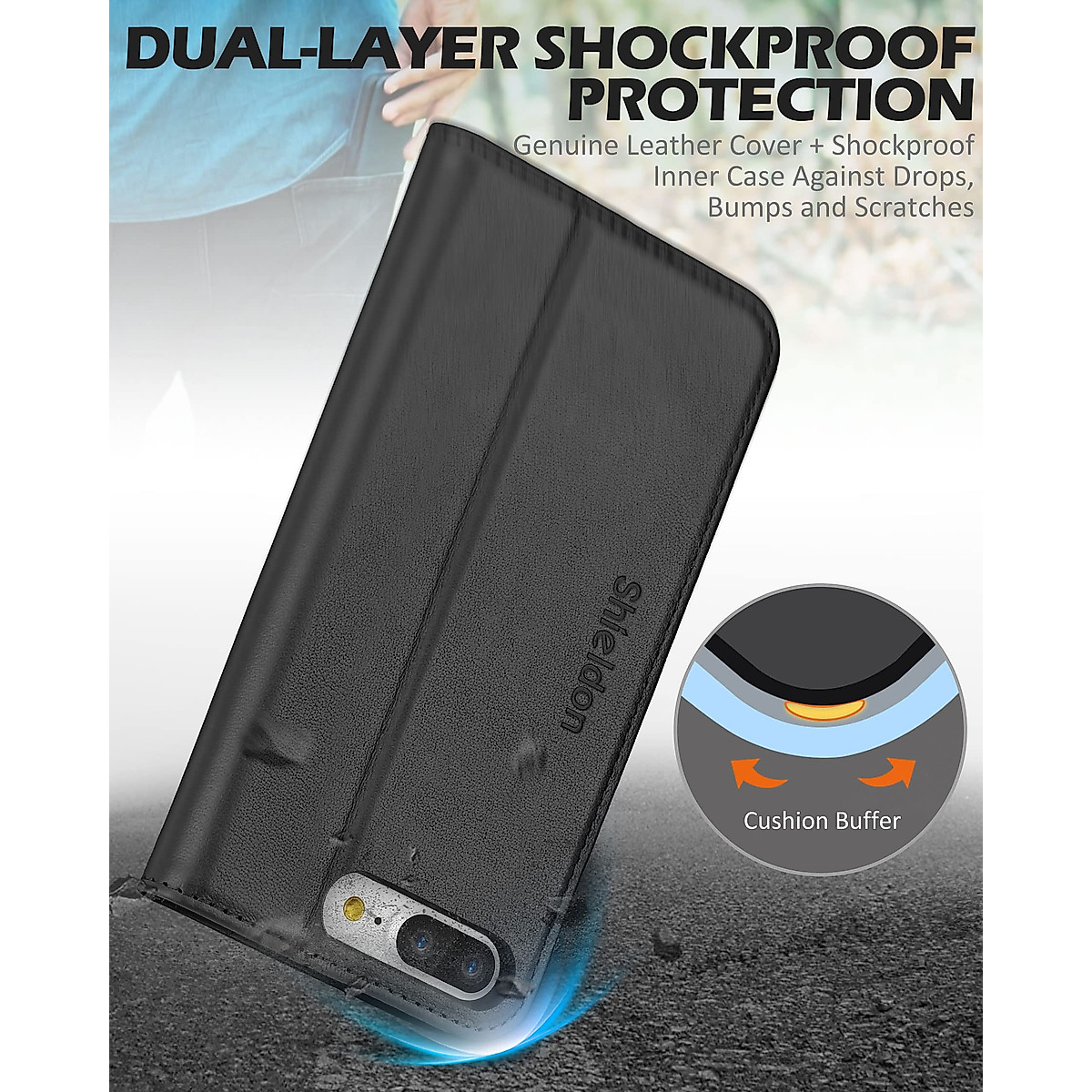 SHIELDON Genuine Leather iPhone 8 Plus Wallet Case Book Flip Cover and [Credit Card Slot] Magnetic Closure Compatible with iPhone 8 Plus / 7 Plus - Black