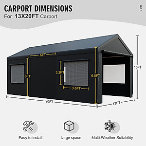 Yardsight 13'x 20' Carport, Heavy Duty Car Canopy Portable Garage with Removable Sidewalls and Roll-up Ventilated Doors & Windows for Car, SUV, Truck, Boat. Gray