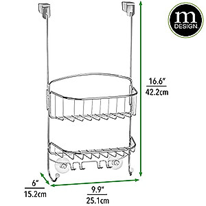 mDesign Steel Over Door Hanging Shower Caddy Storage Organizer with 2 Baskets, 6 Hooks - Shelf Rack for Bathroom - Holds Shampoo, Conditioner, Soap, Towel, Sponge - Draper Collection - Chrome/White