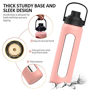 Kodrine Glass Water Bottles with Straw, 32 oz Water Bottle with 2 Lids - Handle Spout Lid & Bamboo Straw Lid, Silicone Sleeve, Wide Mouth, Leakproof, BPA Free(Amber)