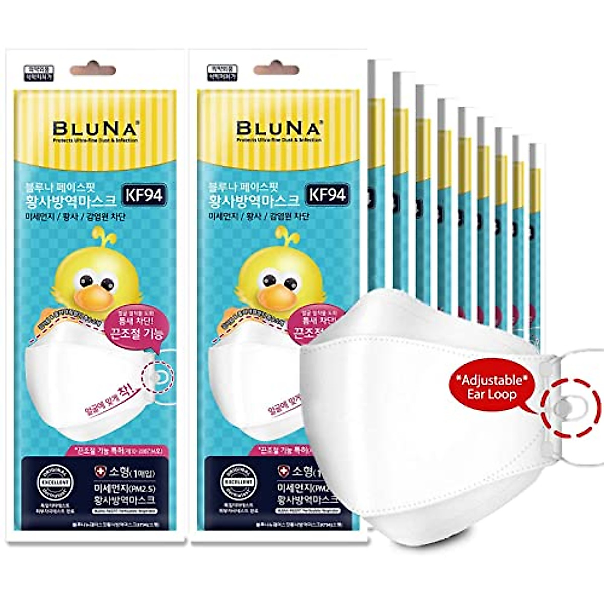 [20 Pack] :: Authentic :: BLUNA [KIDs/SMALL] KF94 Facefit Ergonomic 3D Adjustable Strap Korean Face Mask, White [Made in Korea][Individual Package] for Small Kids Children
