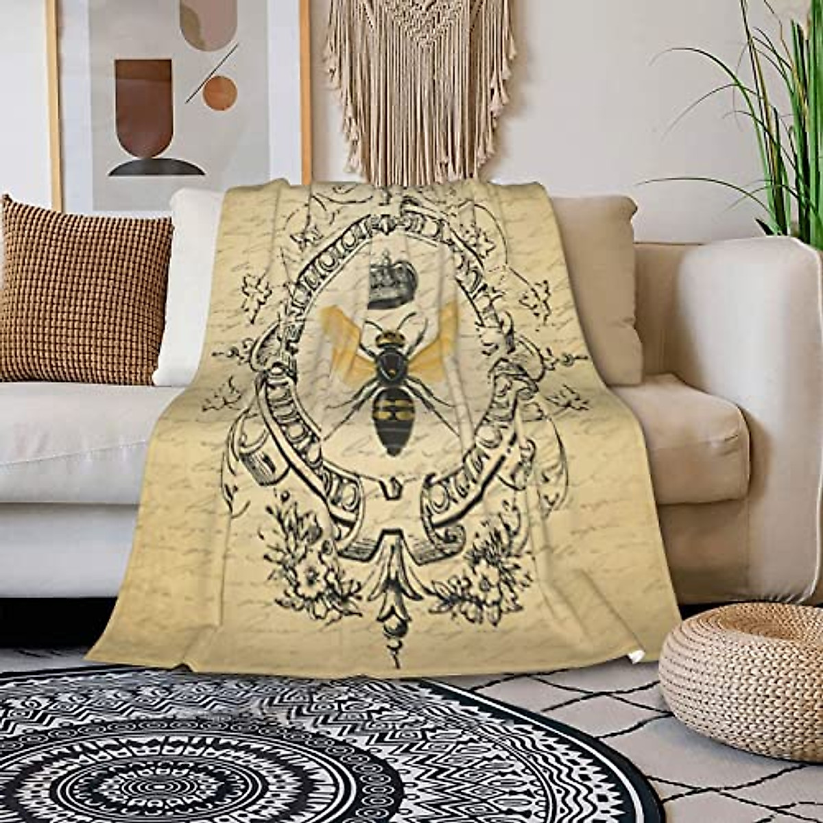 Modern Vintage French Queen Bee Throw Blanket Warm Ultra-Soft Micro Fleece Blanket for Bed Couch Living Room（Kids