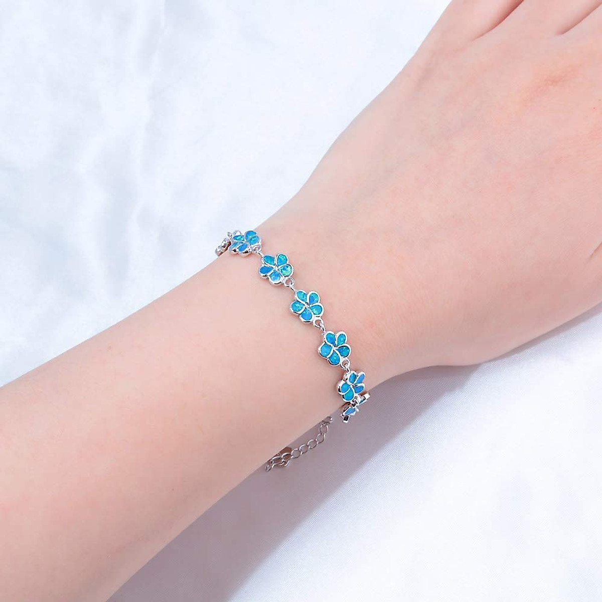 CiNily Sterling Silver Plated Blue Opal Flower Bracelet-Plumeria Hawaiian Flower Link Tennis Bracelet for Women October Birthstone Bracelet