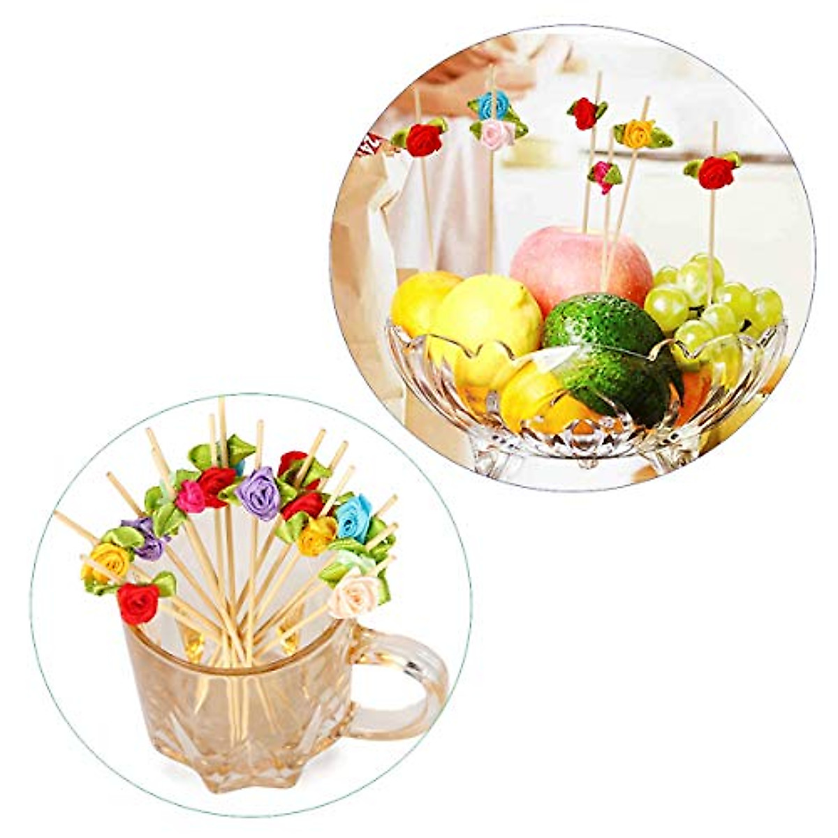 Minisland Multicolor Rose Flower Fancy Toothpicks for Appetizers 4.7 Inch Long Bamboo Cocktail Picks Bridal Shower Wedding Valentines Party Food Fruit Drinks Garnish Skewer Sticks 100 Counts -MSL129