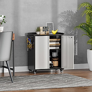 Aobabo 31.5" H Metal Storage Cabinet with Wheels, Locking Steel Rolling Tools Chest with Handle, Garage Tool Storage Cabinet with 1 Shelves 2 Side Pegboards and 4 Hooks,Assembly Required, Black Grey