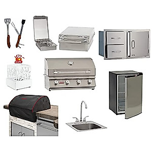 AMS Fireplace | Bull GRILLS outdoor 30" The Outlaw grill Natural Gas with Single Side Burner, Stainless Steel Sink, Grill Cover, Refrigerator, Door & Drawer Combo with 5 in 1 BBQ Tool Set-FREE Bio-Ethanol Table-top Fire pit