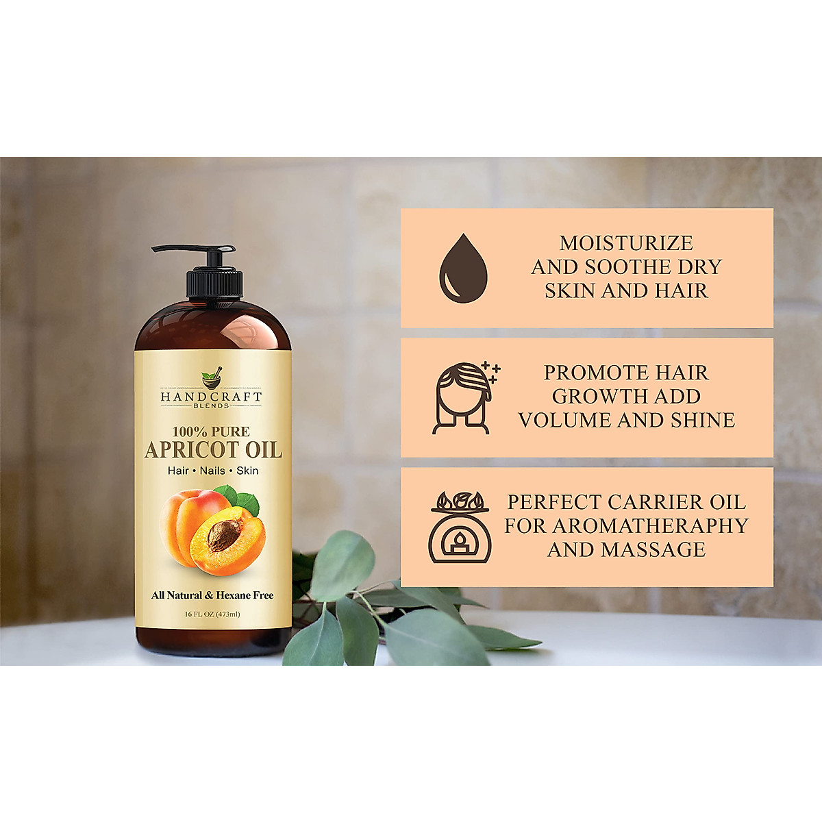 Handcraft Blends Apricot Kernel Oil - Cold-Pressed 16 Fl Oz - 100% Pure and Natural - Premium Grade Carrier Oil for Skin and Hair - Hair and Body - Massage - Hexane-Free