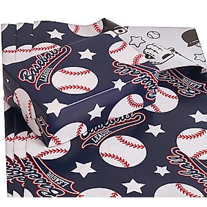 CAMKUZON Reversible Baseball Wrapping Paper for Birthday Celebration Party - 3 Large Sheets Cartoon Baseball Sports Themed Gift Wrap Paper - 27 Inch X 39.4 Inch Per Sheet