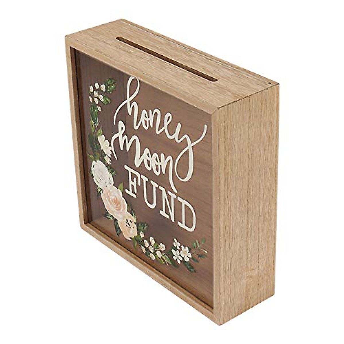 Hanna Roberts Honey Moon Fund and Card Rustic Wood Box with Mixed Floral Garland Design for Weddings, Birthdays, Graduations, Baby and Bridal Showers, 9.5" x 3" x 9.5", Honey Moon Fund