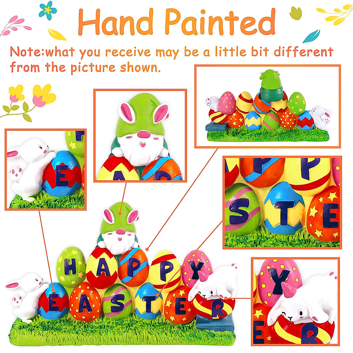 luck sea Easter Decorations Table Centerpiece - Egg Bunny Gnome Figurine Spring Tabletop Decor Home Party Ornament Gift (Hand Painted)