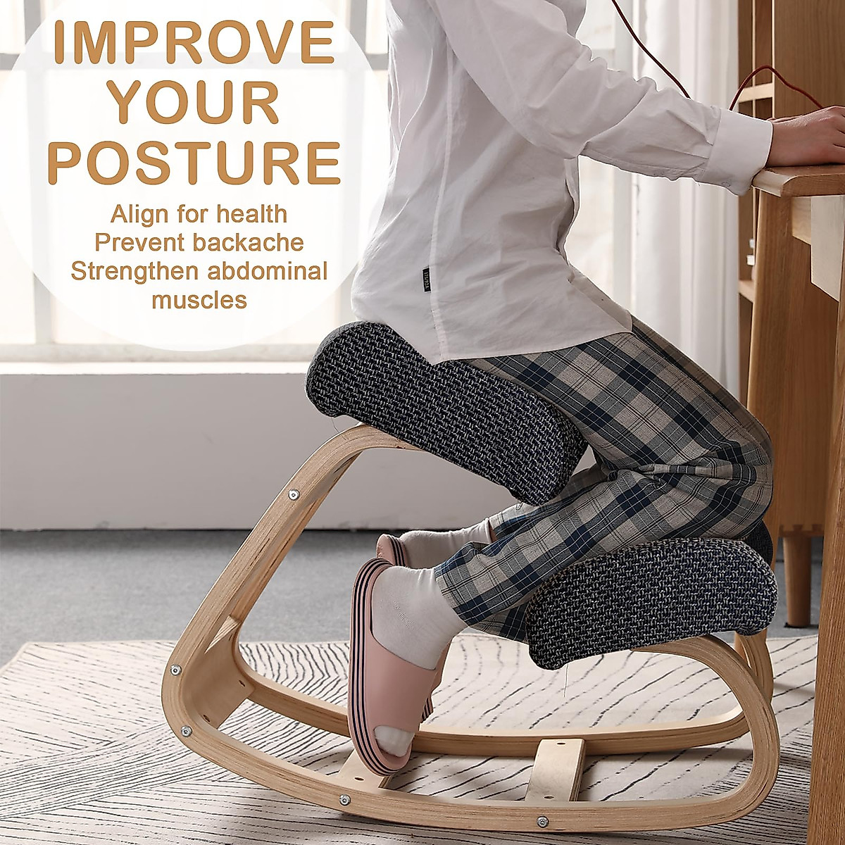 Kneeling Chair, Ergonomic Desk Chair for Office Home - Improve Your Posture with Angled Rocking Stool - Solid Wood Rocking Chair with High-Resilience Foam Seat Cushions