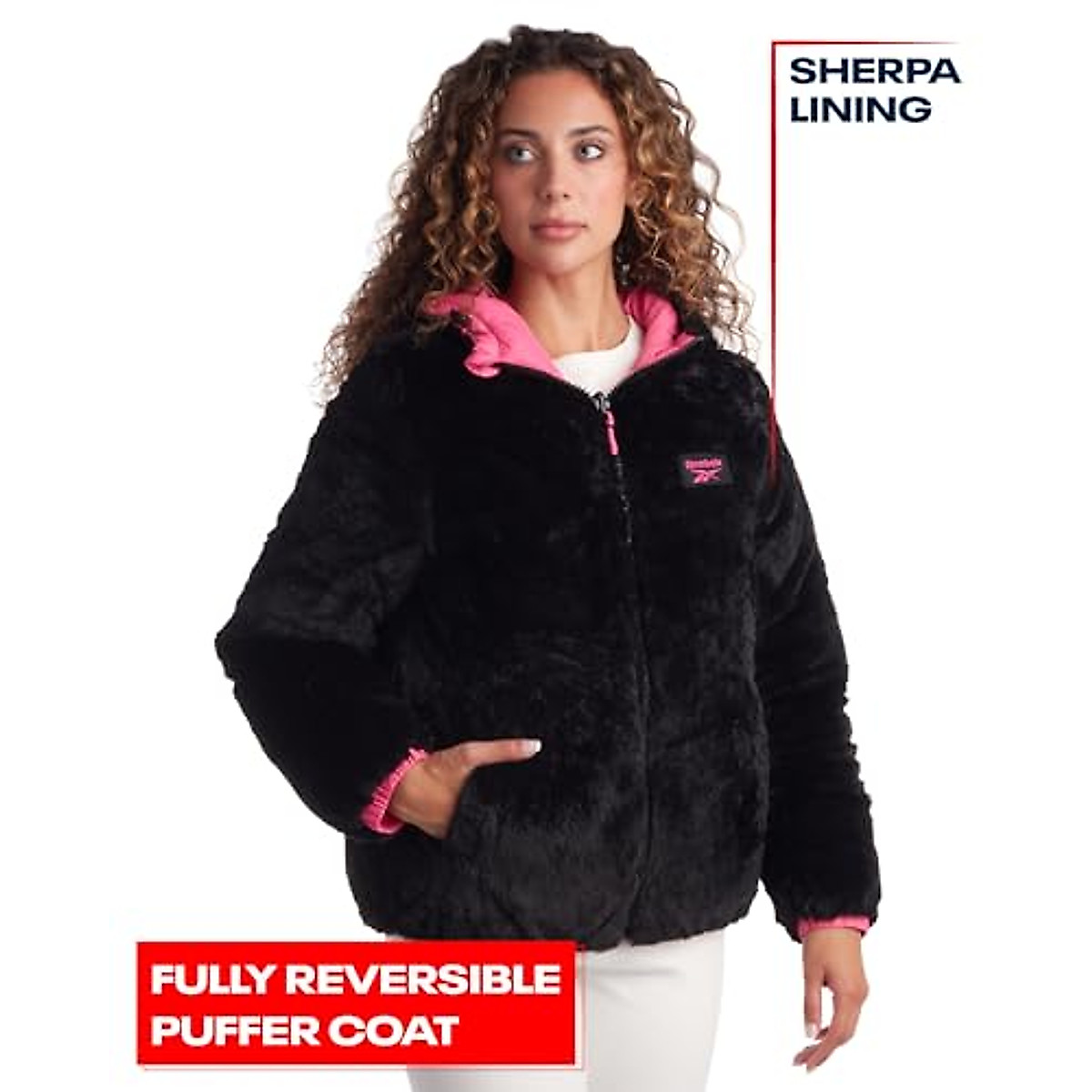 Reebok Women's Winter Jacket - Reversible Quilted Puffer Coat with Sherpa Fleece Lining - Reversible Jacket for Women (S-XL), Size Medium, Laser PinkBlack