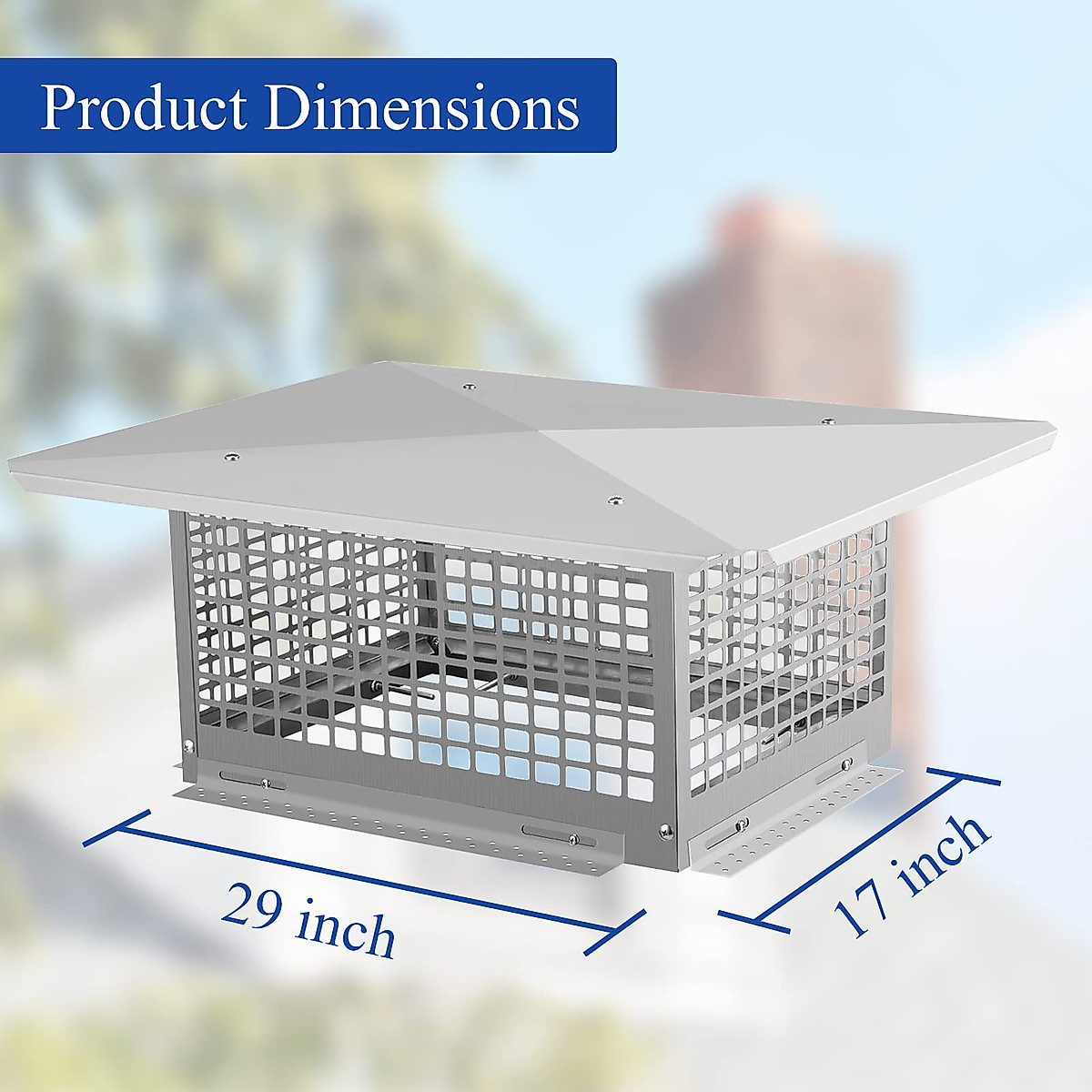 Flieeya Chimney Cap, Stainless Steel Chimney Cap, 17" x 29" Bolt On Single Flue Chimney Cover 304 Stainless Steel Fireplace Chimney Cover Adjustable for Outdoor Masonry Chimney