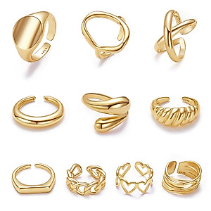 MOROYA 10PCS Gold Dome Chunky Rings for Women 18K Gold Plated Braided Twisted Round Signet Rings Adjustable Open Ring Band Statement Jewelry Size 7-9