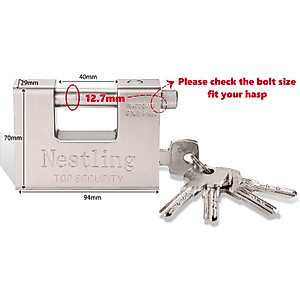 94mm Padlock with Key, High Security 5 Keys Heavy Duty 1.1 KG D-Shaped Solid Brass Outdoor Keyed Padlock - Protect Garage Door, Containers, Shed, Shutter, Gate and Warehouse