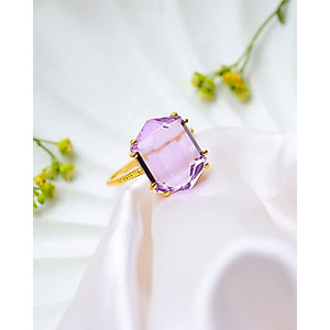 YoTreasure Natural Amethyst Gold Plated over 925 Sterling Silver Statement Double Prong Ring For Women