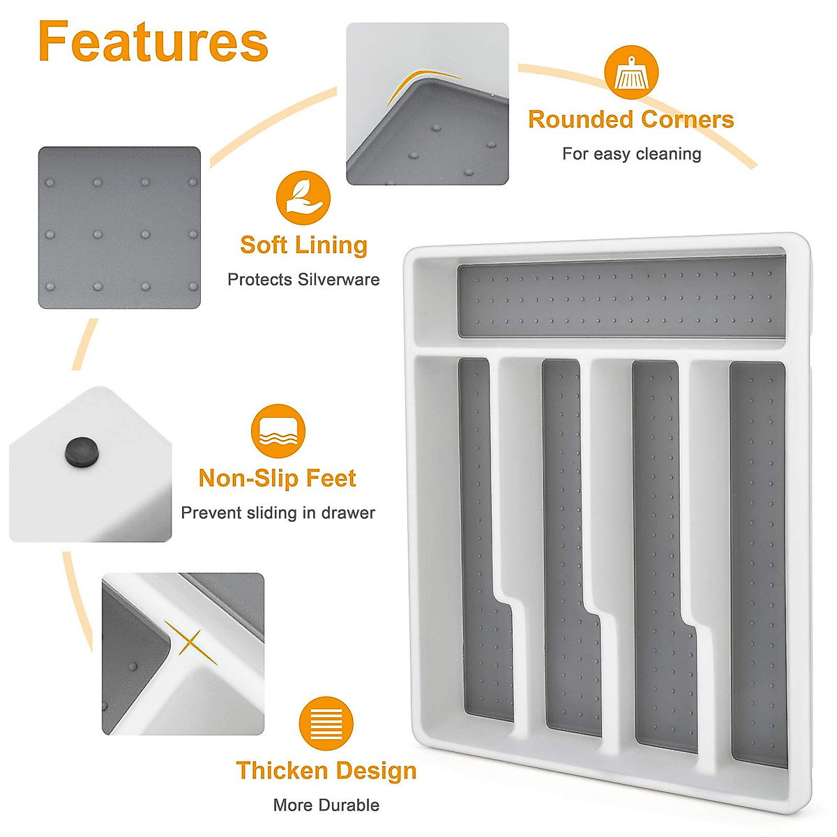 E-far Silverware Tray for Drawer, Small Plastic Utensil Tray Drawer Organizer, 5 Compartment Flatware Cutlery Holder/Divider, White with Gray Non-slip Rubber Grips, 12.6 x 11.4-Inch