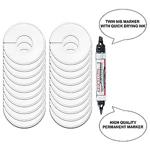 AMT 20 Pack Closet Dividers, Clothing Dividers, Round Clothes Size Dividers for Closets with Double Ended Marker Pen (Blank) (20 Pack - White)
