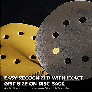 5 Inch 400 Grit Sanding Disc, 8 Hole Hook and Loop Aluminum Oxide Sanding Discs for Disc Sanders & Orbital Sanders - 50 Pack by toolant