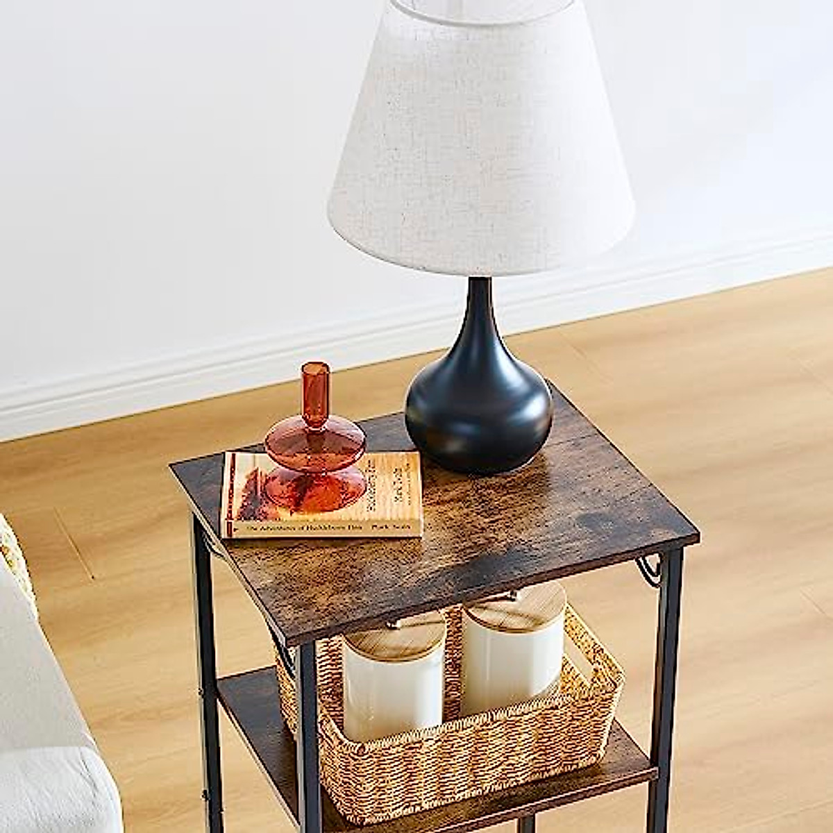 Hoctieon 3 Tier End Table Set of 2, Slim Side Tables, Narrow Side Tables, Nightstands for Small Spaces, Metal Frame, Easy Assembly, Rustic Brown