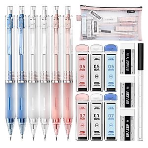 Four Candies Mechanical Pencil Set with Case, 6PCS Aesthetic Mechanical Pencils 0.5 & 0.7mm with 360PCS HB Lead Refills, 3PCS Erasers, 9PCS Eraser Refills for writing, drawing and sketching